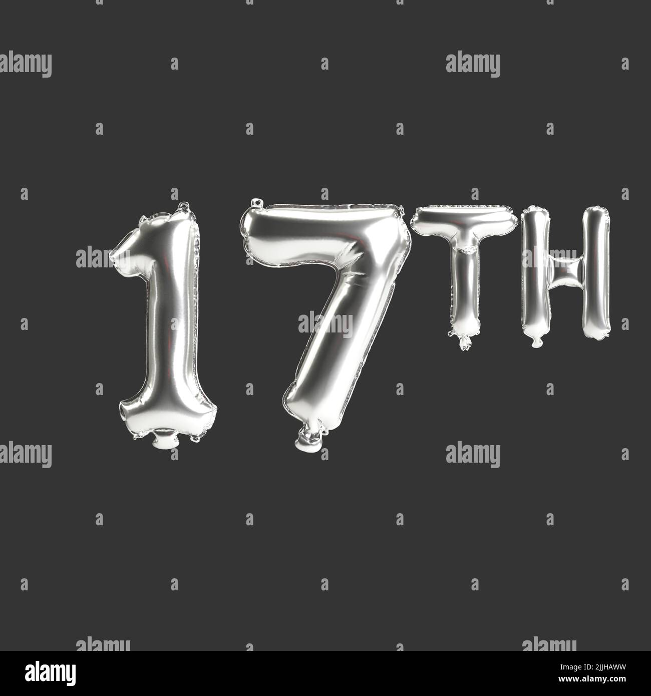3d illustration of 17th silver balloons isolated on dark background ...