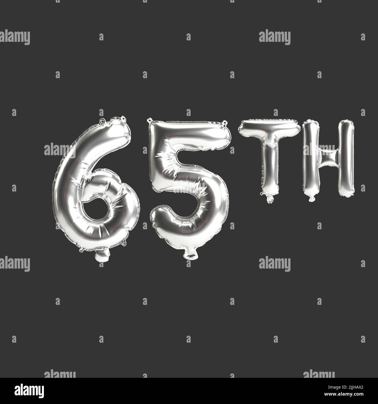 3d illustration of 65th silver balloons isolated on dark background ...