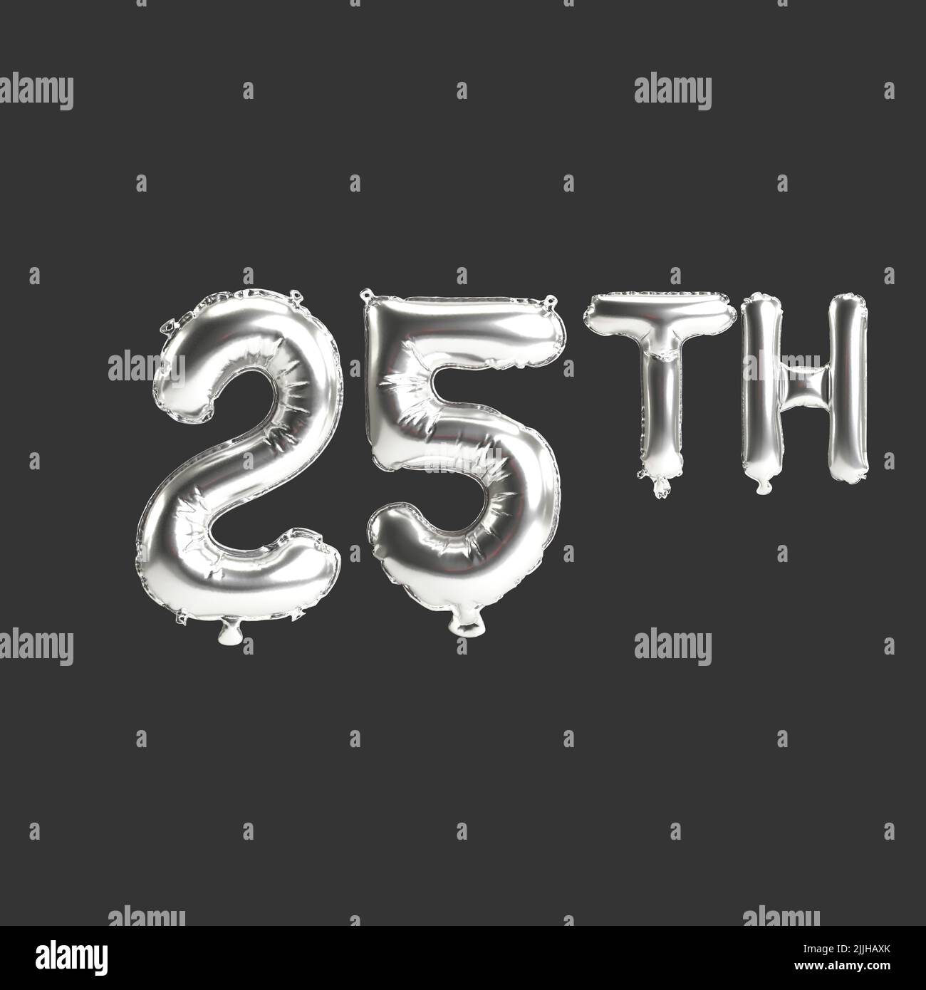 3d illustration of 25th silver balloons isolated on dark background ...
