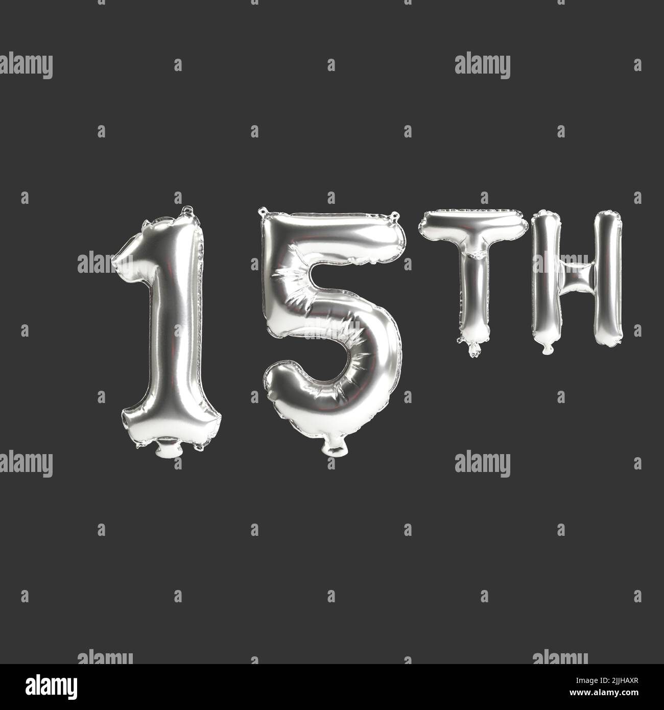 3d illustration of 15th silver balloons isolated on dark background ...