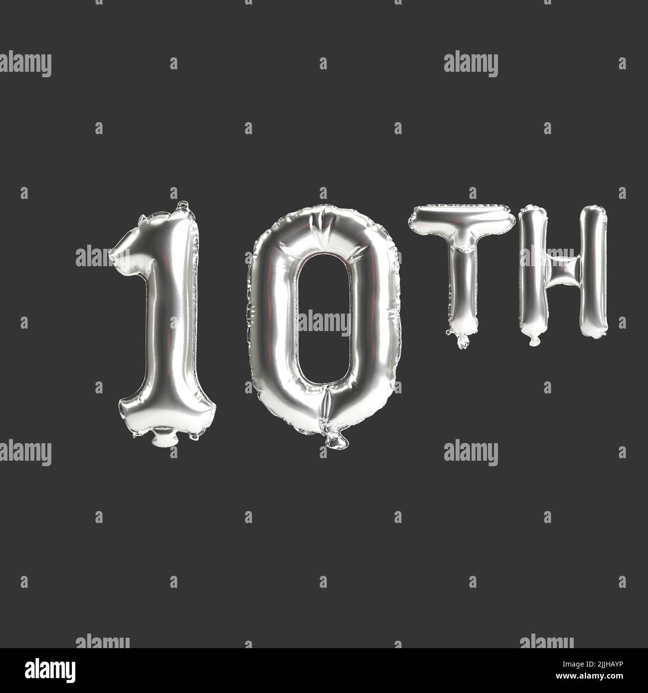 3d illustration of 10th silver balloons isolated on dark background ...