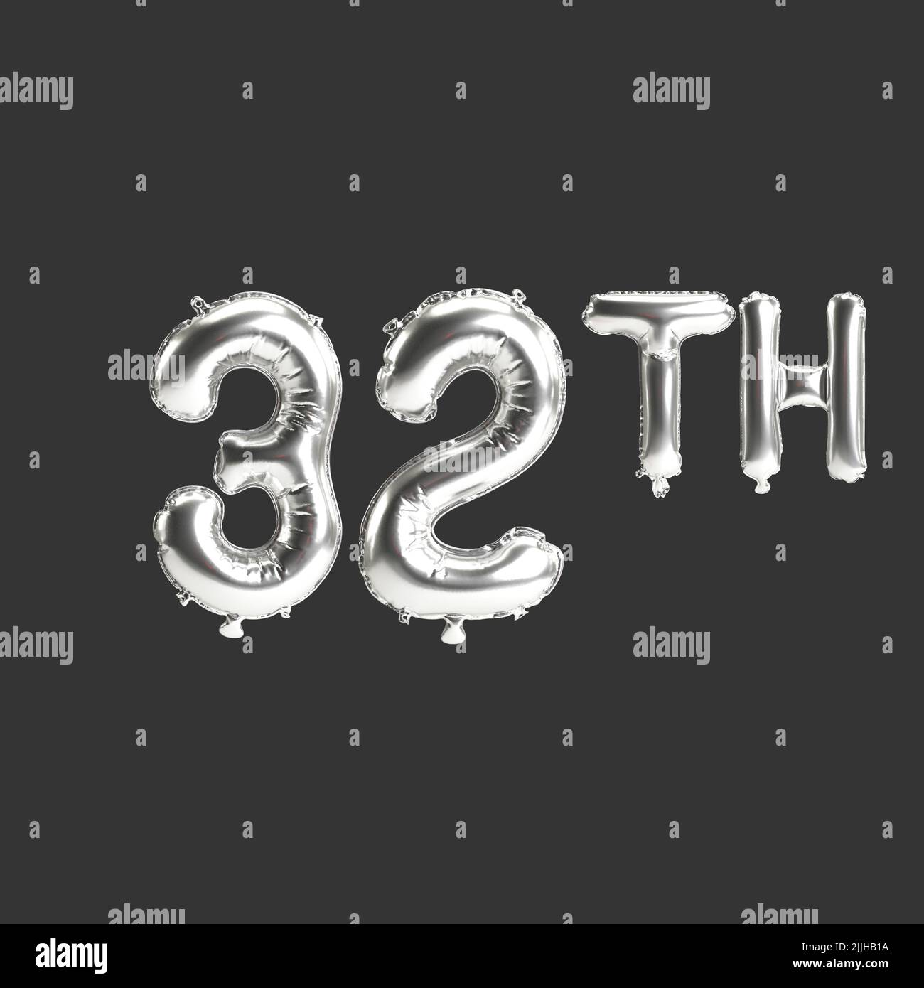 3d illustration of 32th silver balloons isolated on dark background ...