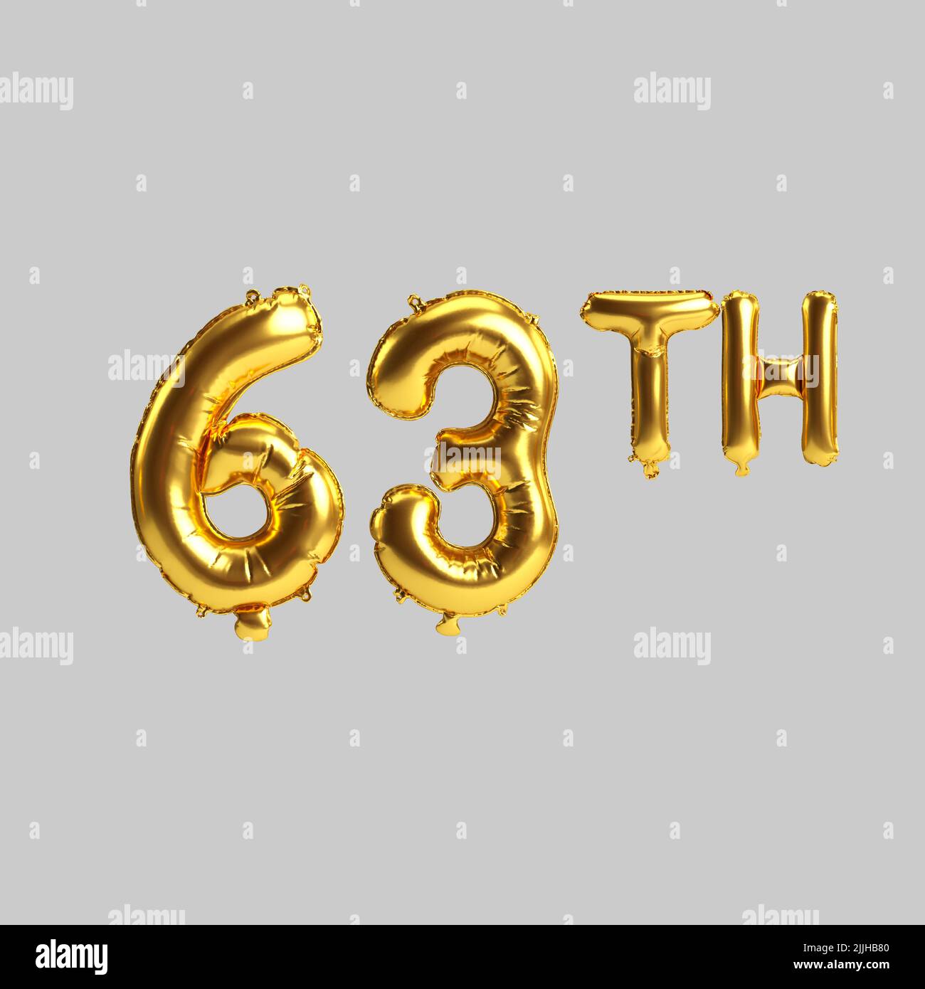 3d illustration of 63th golden balloons isolated on white background ...