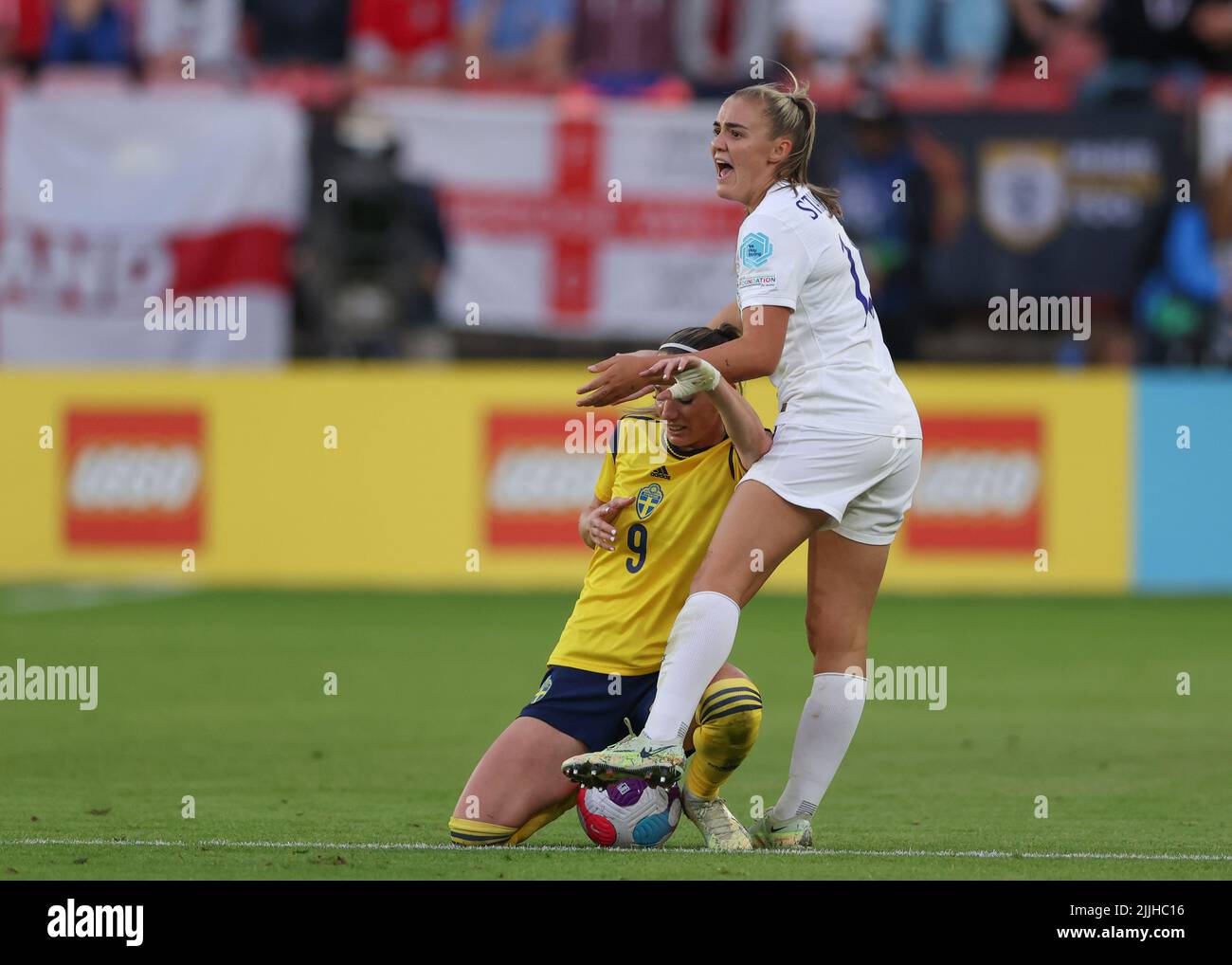 Sheffield, England, 26th July 2022. Georgia Stanway of England clashes ...
