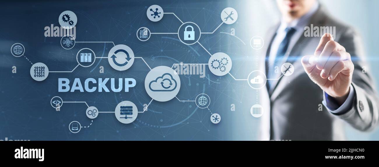 Backup Storage Data Technology concept. Businessman touching Backup ...