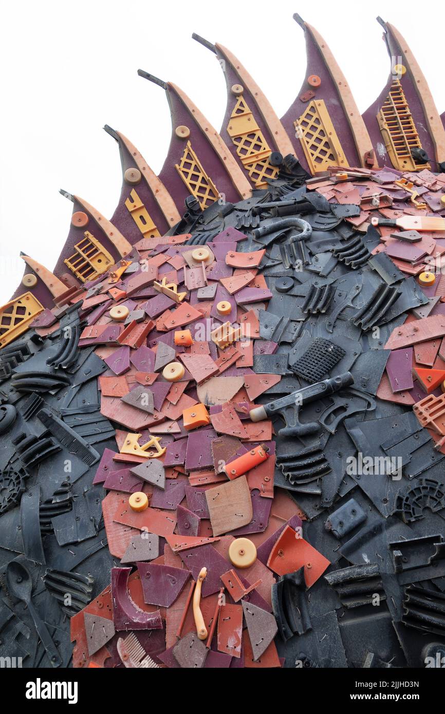 Close up details of a sculpture of a fish made entirely of plastic ...