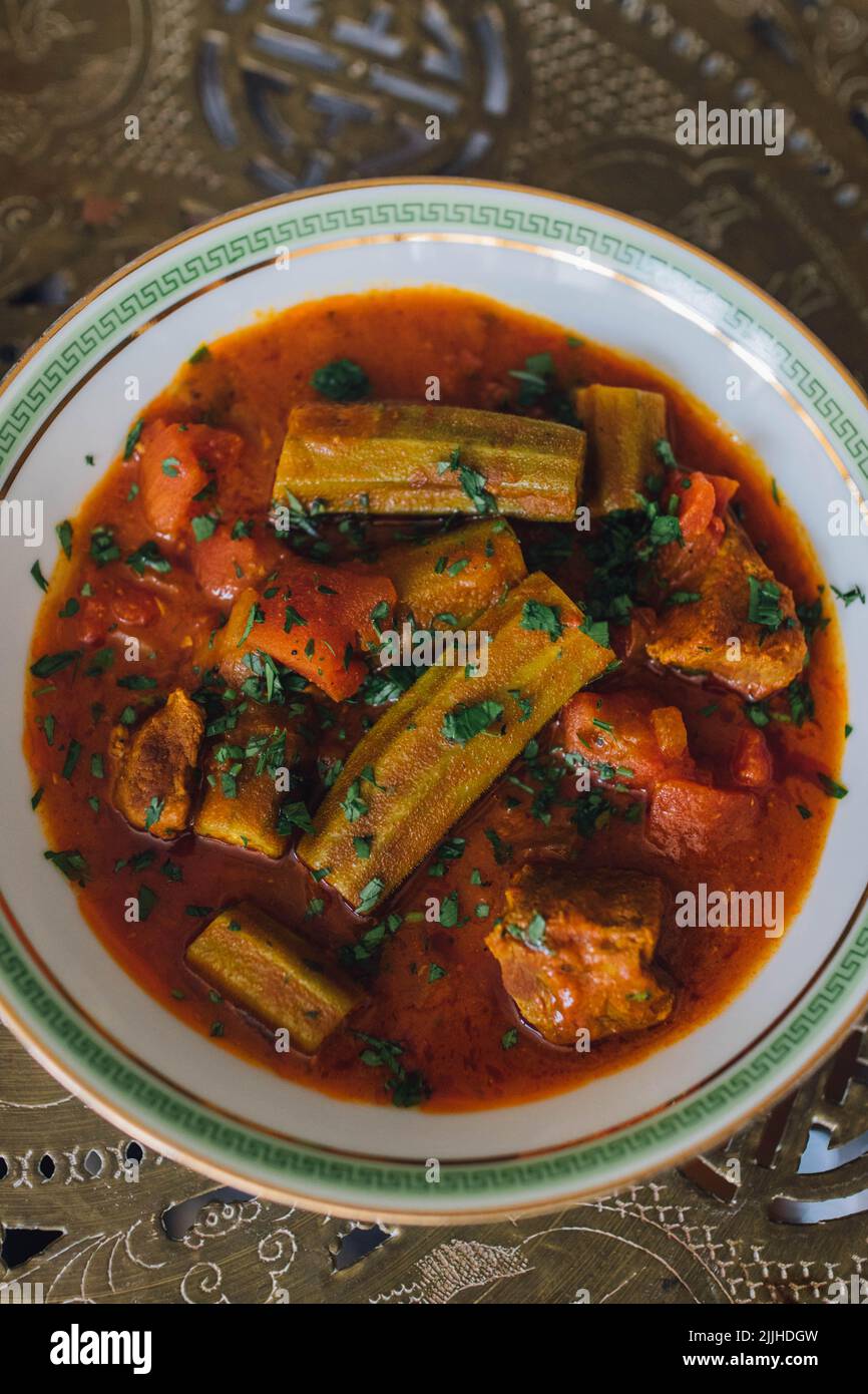 directly above view of Bamya Bamia okra beef middle eastern Persian ...