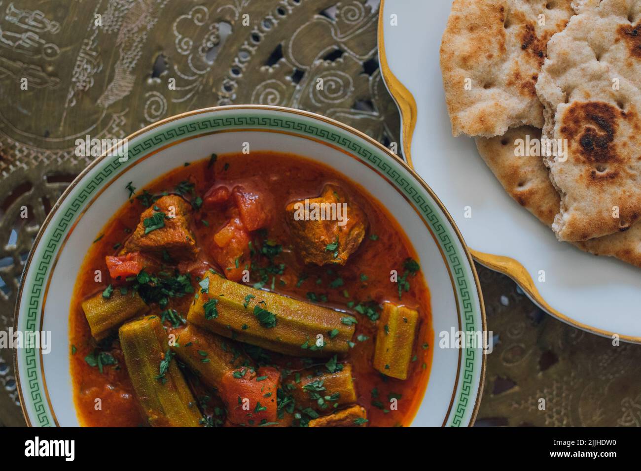 directly above view of Bamya Bamia okra beef middle eastern Persian ...