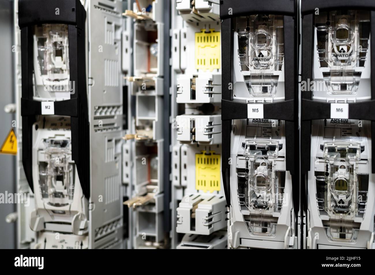 A closeup shot of an electrical switchboard with fuses and wires Stock ...