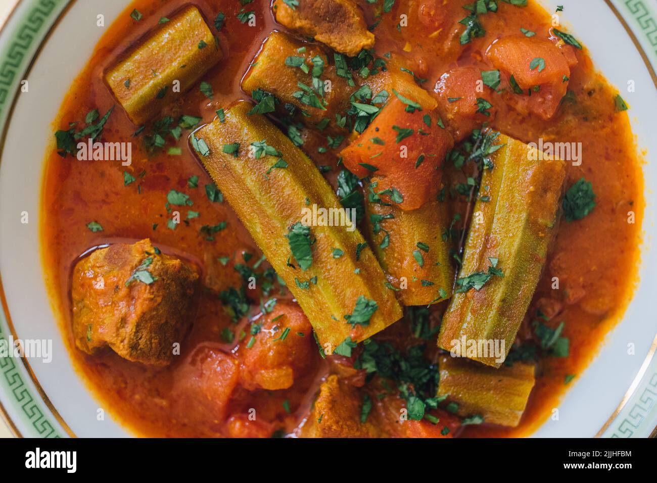 directly above view of Bamya Bamia okra beef middle eastern Persian ...