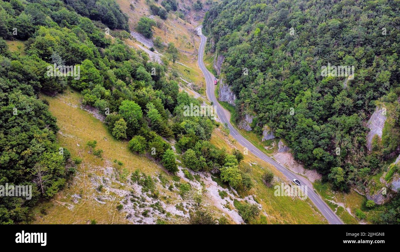 A top view of the road through the Cheddar Gorge in the United Kingdom ...