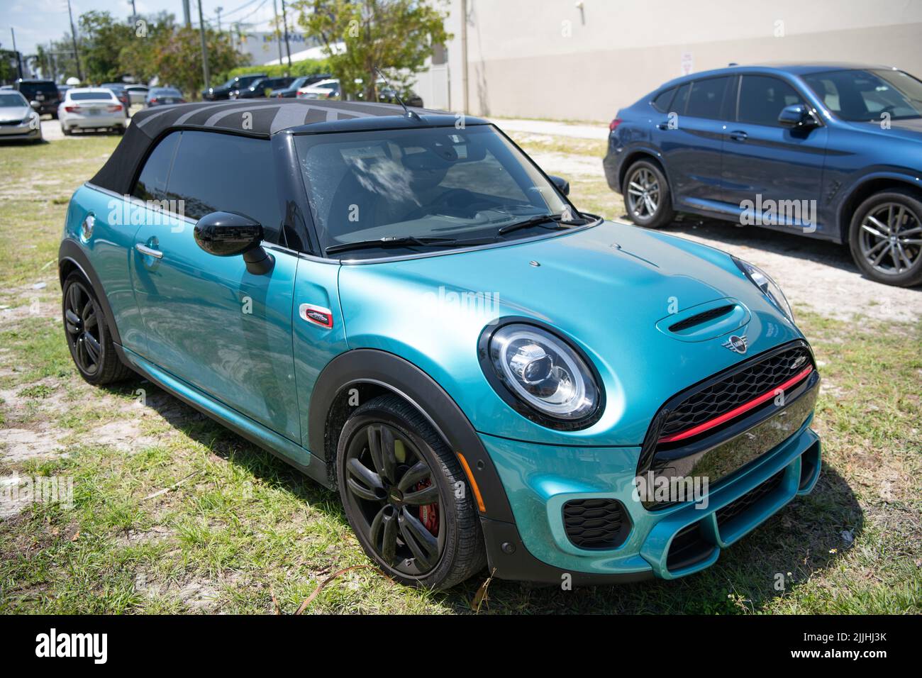 Miami Beach, Florida USA - April 15, 2021: blue Mini John Cooper Works ...