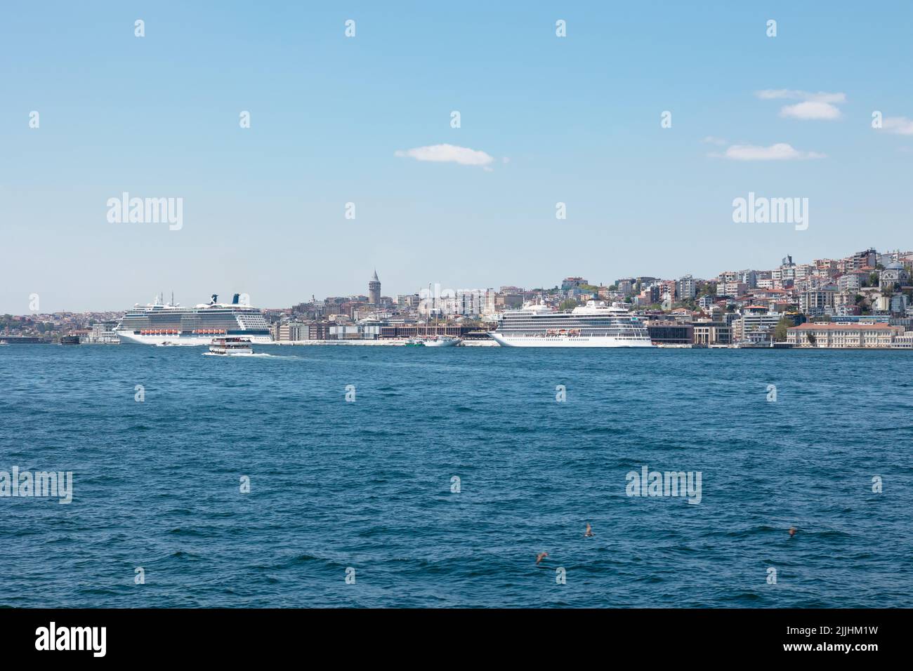 Tourism in Istanbul. Cruise ships and Galataport with Galata Tower ...