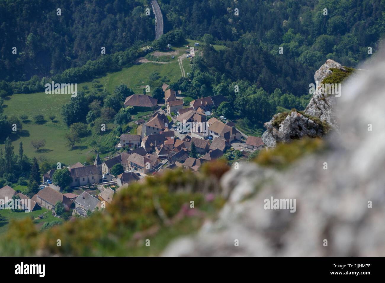 An aerial shot of the buildings of Gresse en Vercors in Isere, France ...