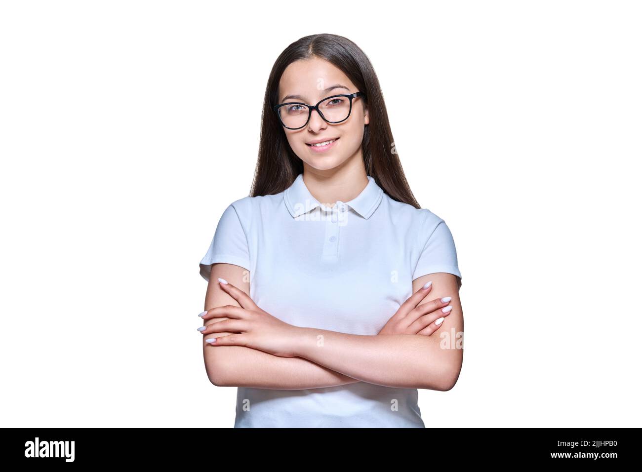 Confident teenage student looking at camera on white isolated ...
