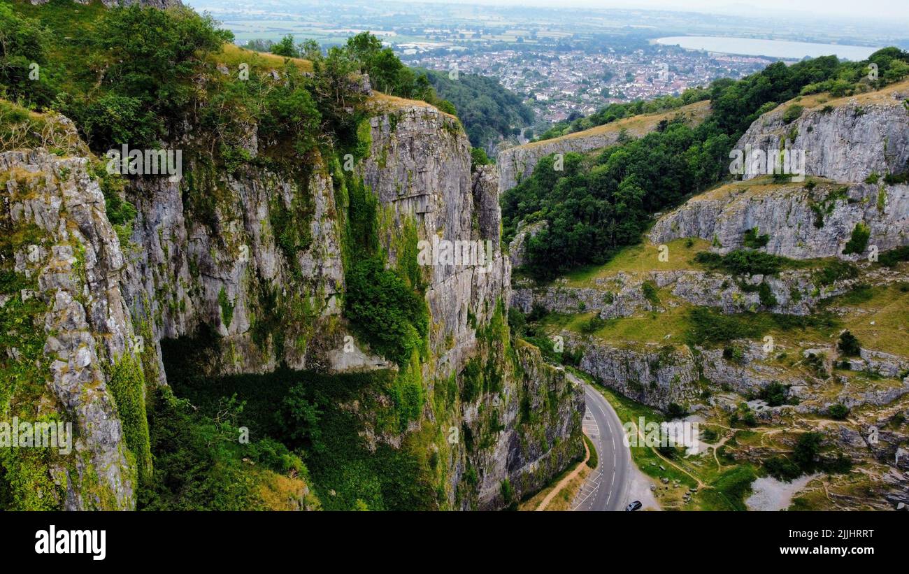 An aerial view of the road through the Cheddar Gorge in the United ...