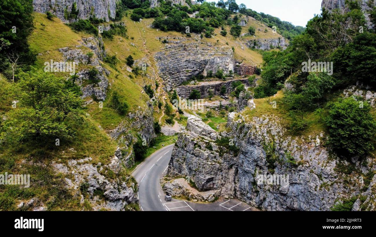 An aerial view of the road through the Cheddar Gorge in the United ...