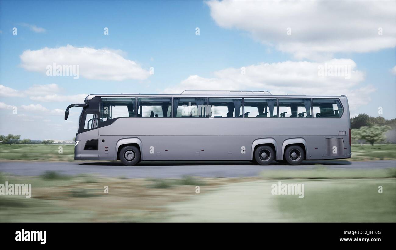 Touristic bus very fast driving on highway. Tourism, travel concept. 3d ...