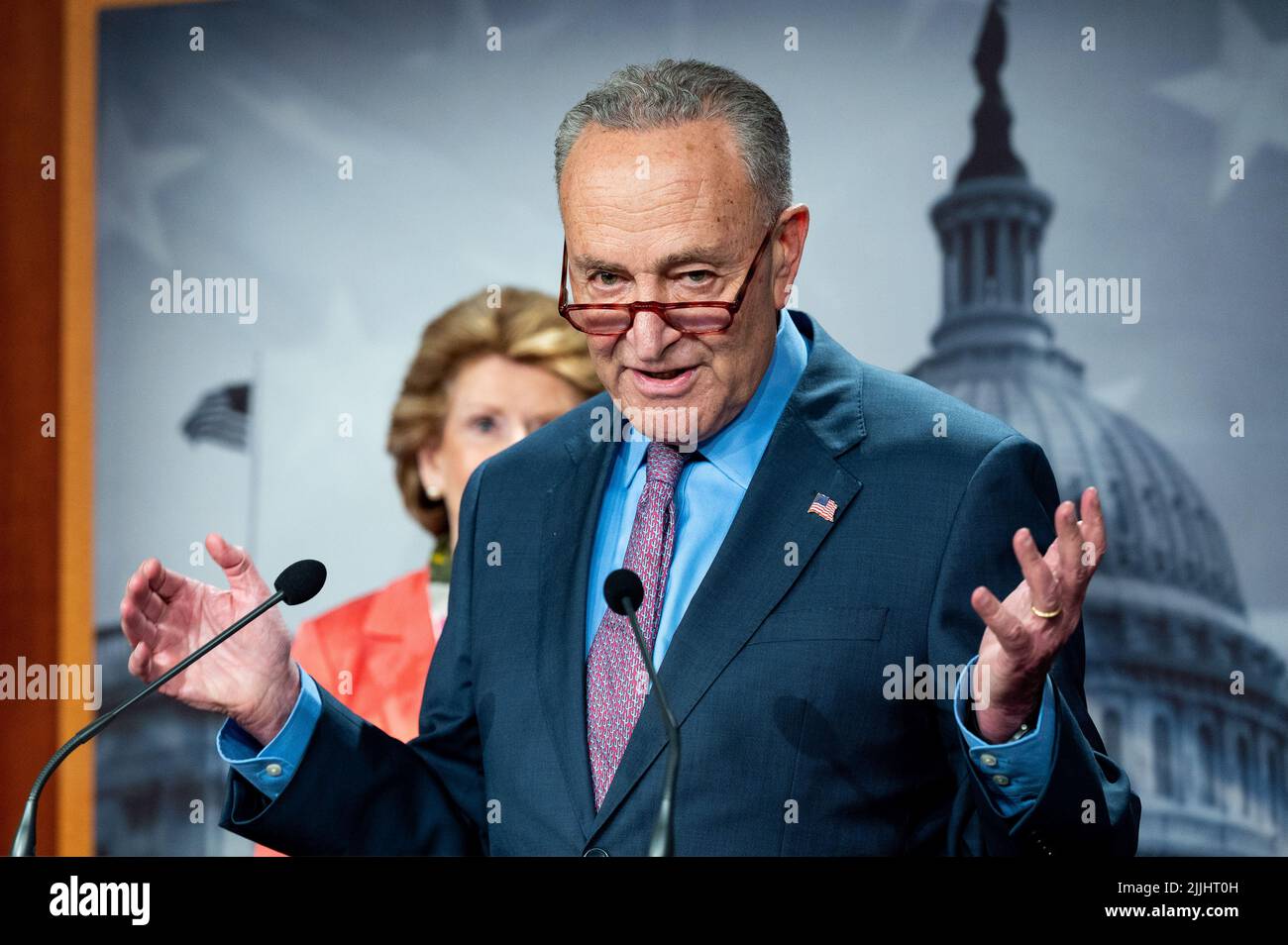 Senate Majority Leader Chuck Schumer (D-NY) speaking at a press ...