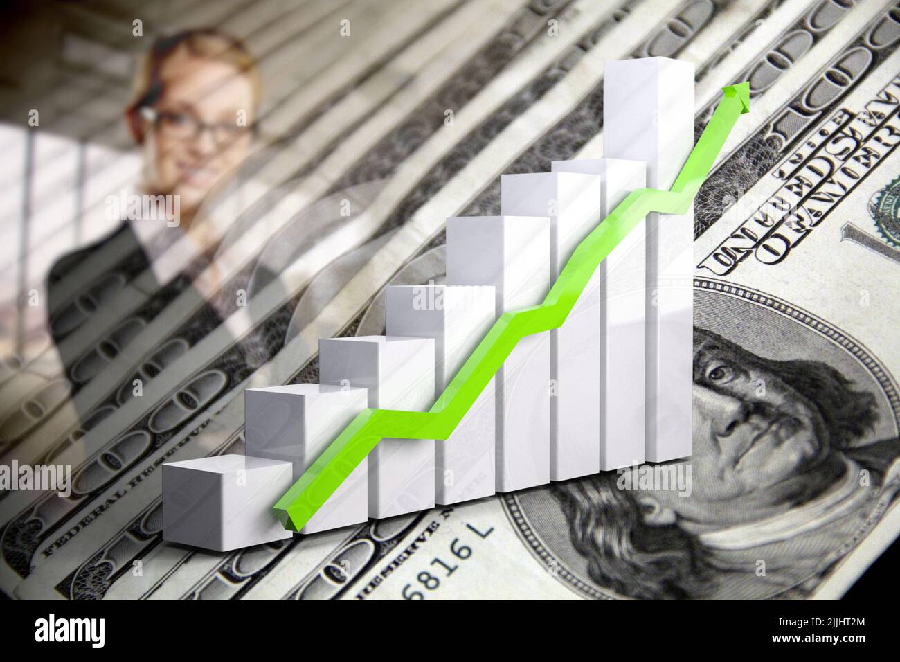 Economy graph: rising arrow, executive woman and cash dollars Stock ...