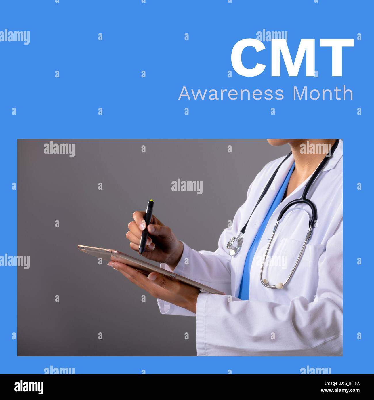 Composition of cmt awareness month text with caucasian doctor on blue ...