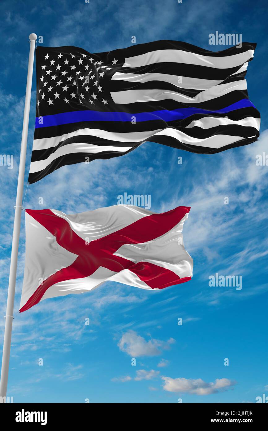 thin blue line flag of US with smaller flag of Alabama state, Usa at ...