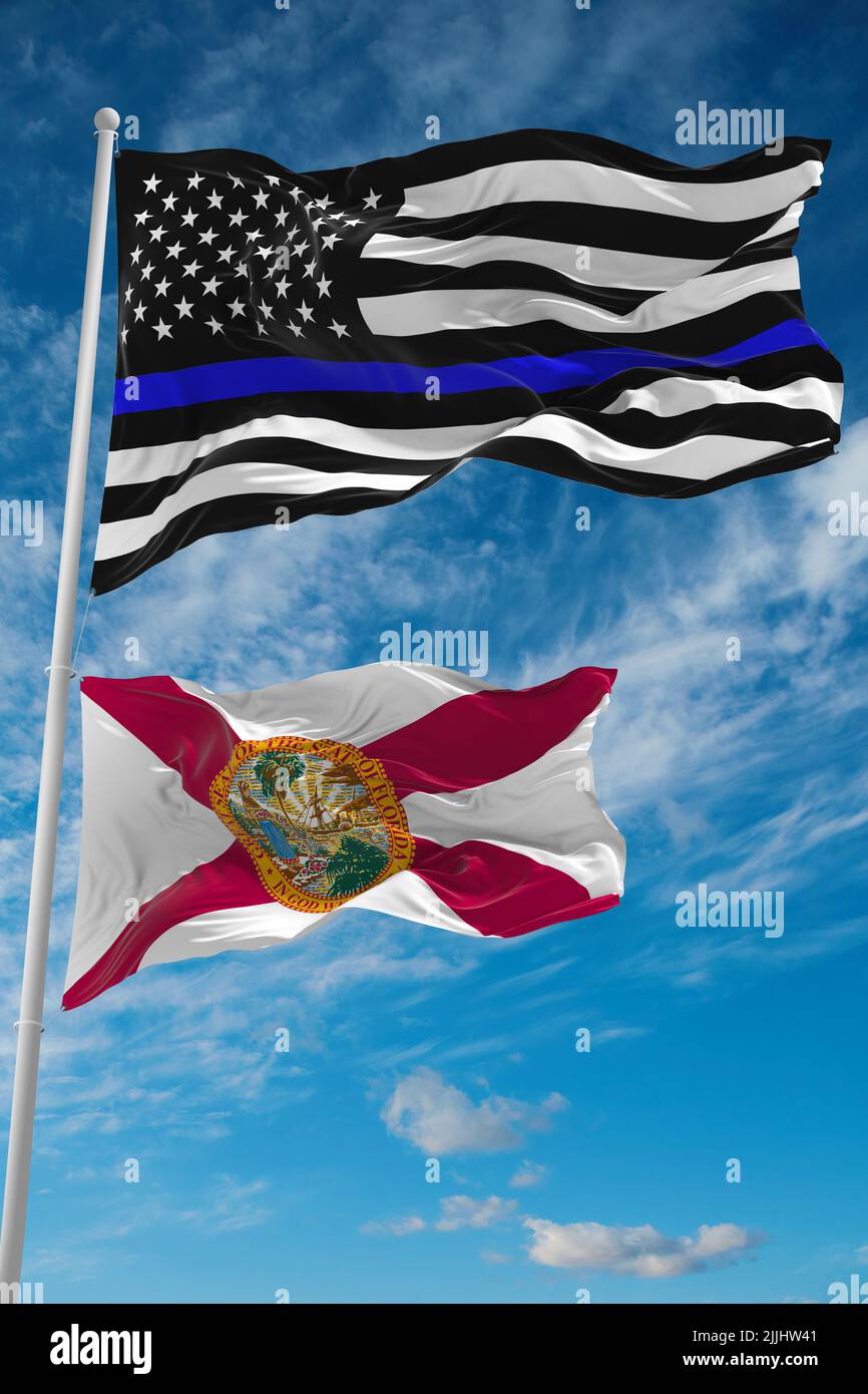 thin blue line flag of US with smaller flag of Florida state, Usa at ...