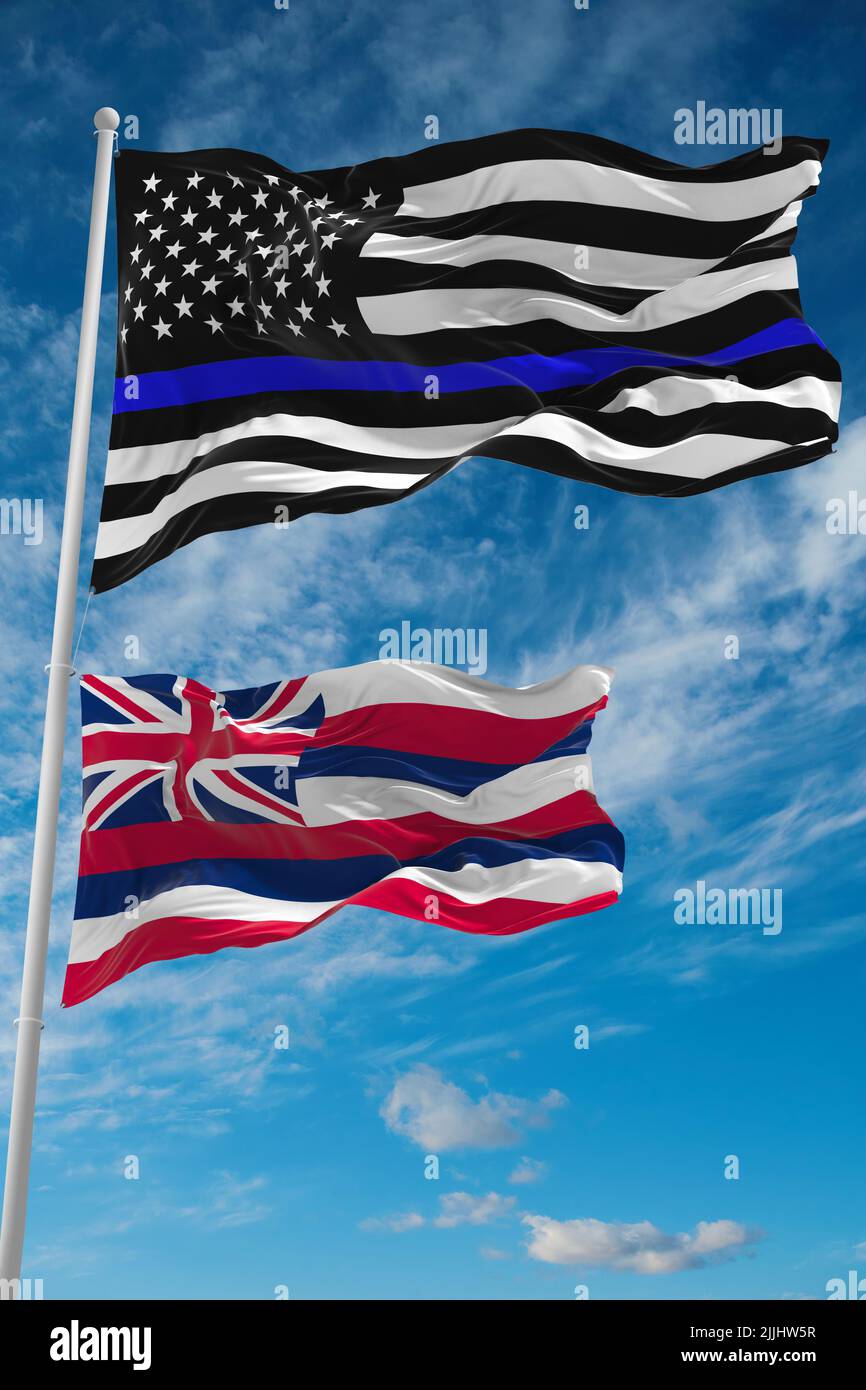thin blue line flag of US with smaller flag of Hawaii state, Usa at ...