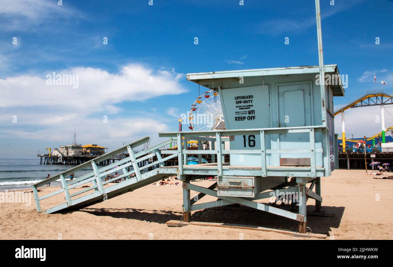 A light blue lifeguard stand on the beach in Santa Monica California ...
