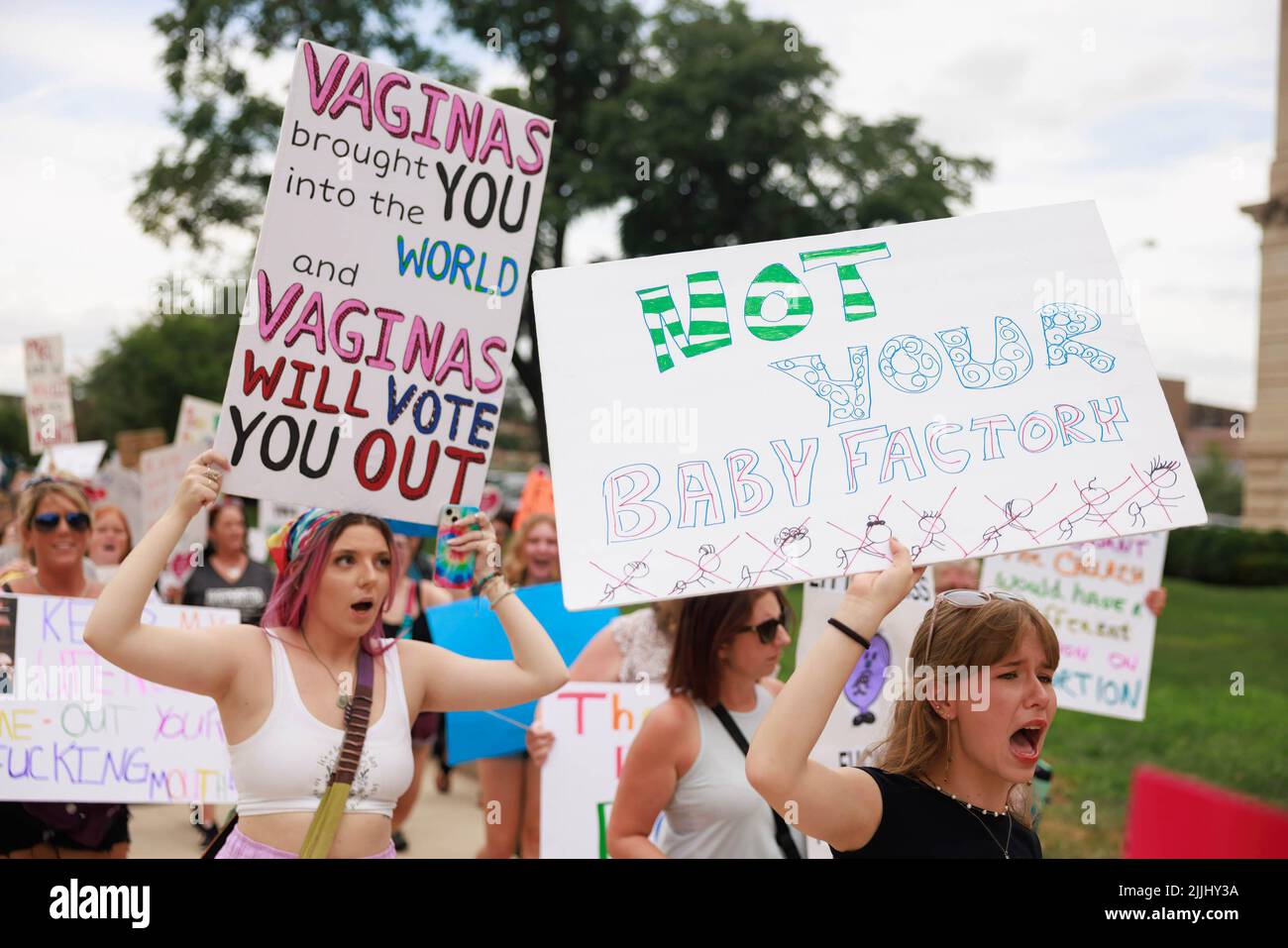 Indianapolis, United States. 25th July, 2022. A woman carries a placard ...