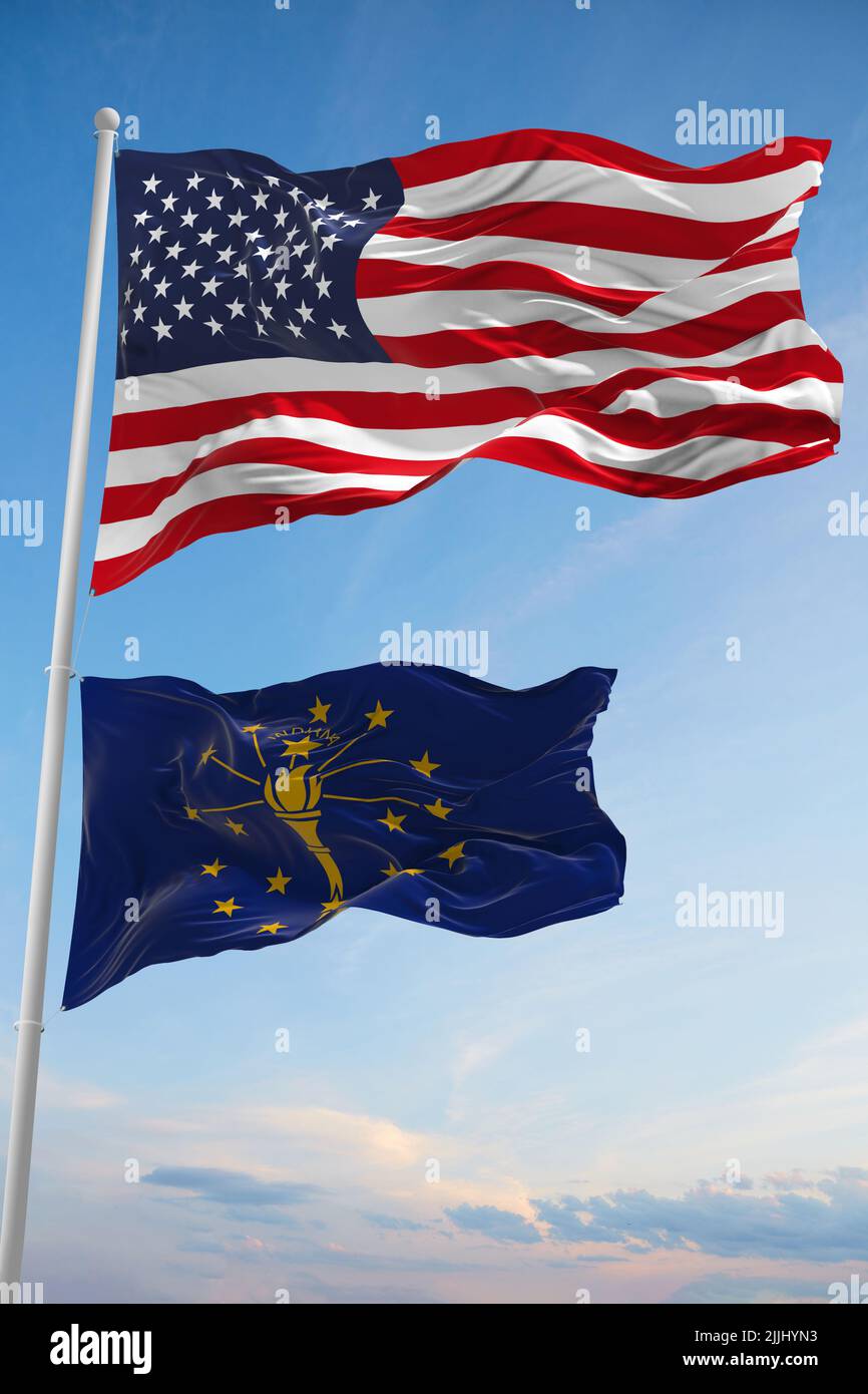 Large official Flag of US with smaller flag of Indiana state, Usa at ...