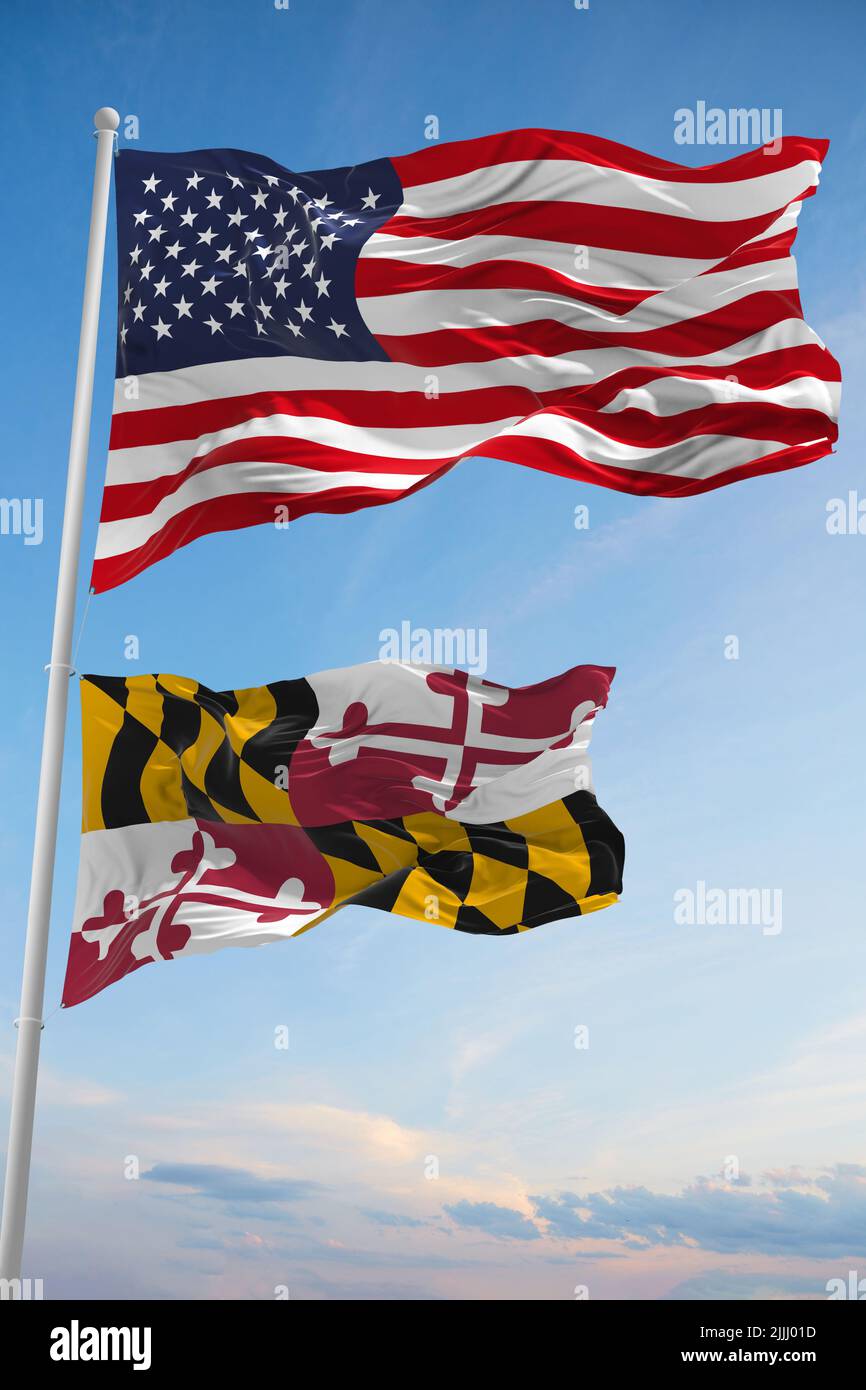 Large official Flag of US with smaller flag of Maryland state, Usa at ...