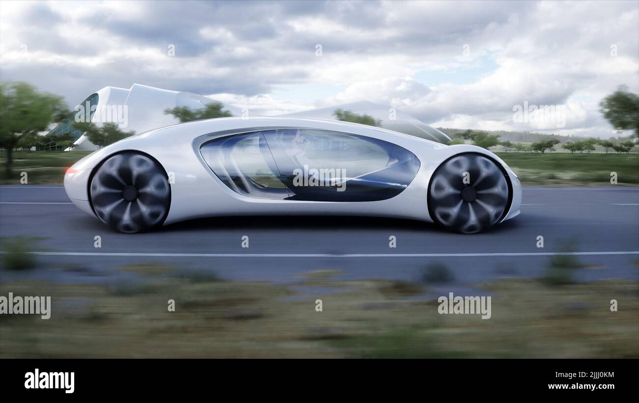 Futuristic electric car very fast driving on highway. Futuristic city ...