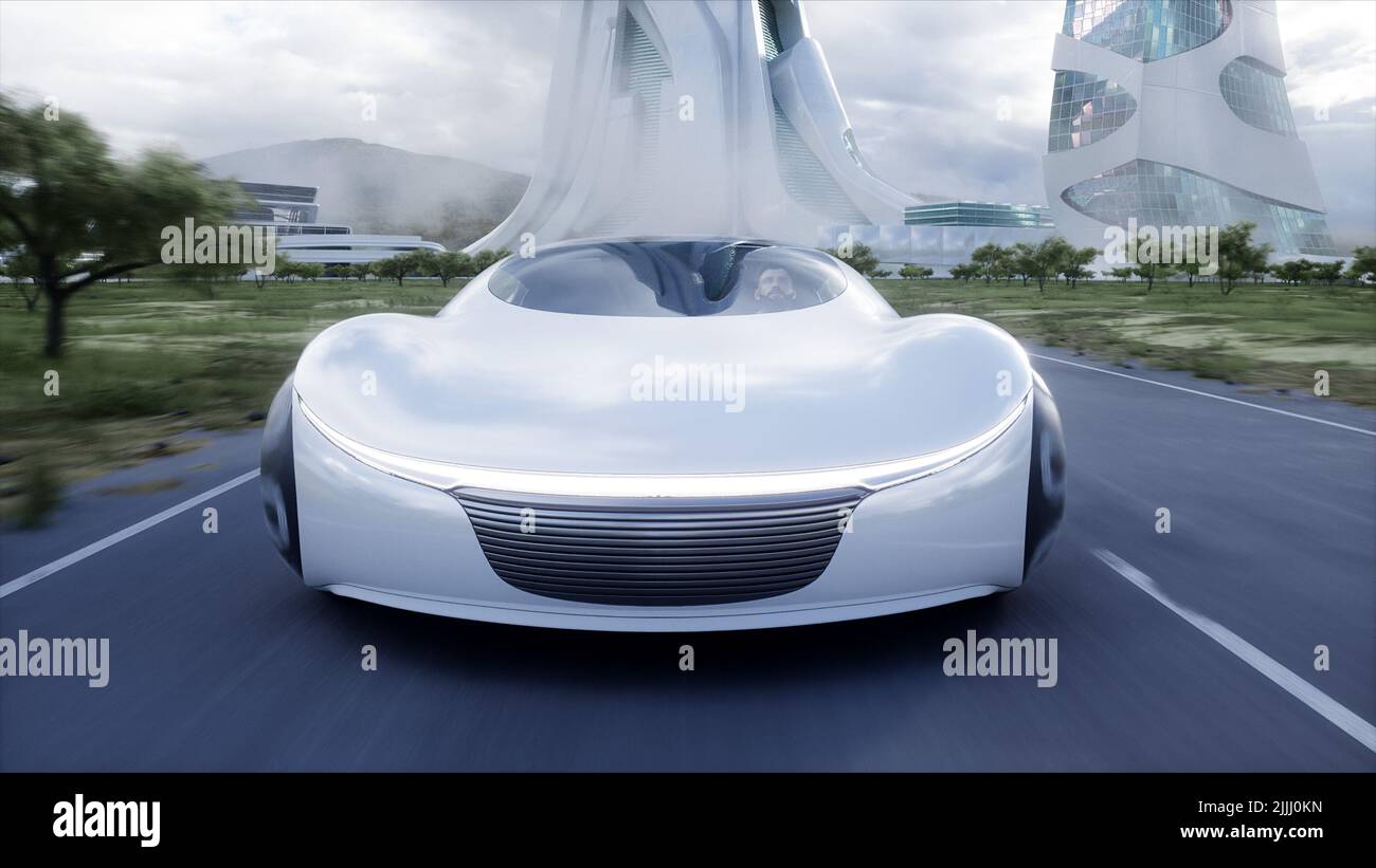 Futuristic electric car very fast driving on highway. Futuristic city ...