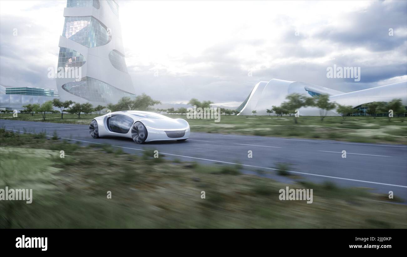 Futuristic electric car very fast driving on highway. Futuristic city ...