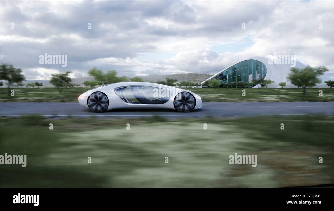 Futuristic electric car very fast driving on highway. Futuristic city ...