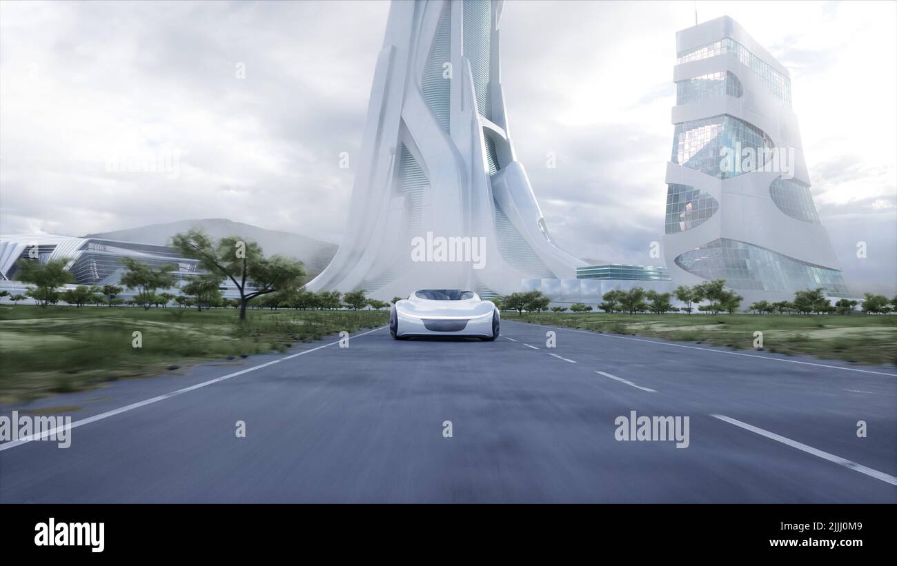 Futuristic electric car very fast driving on highway. Futuristic city ...