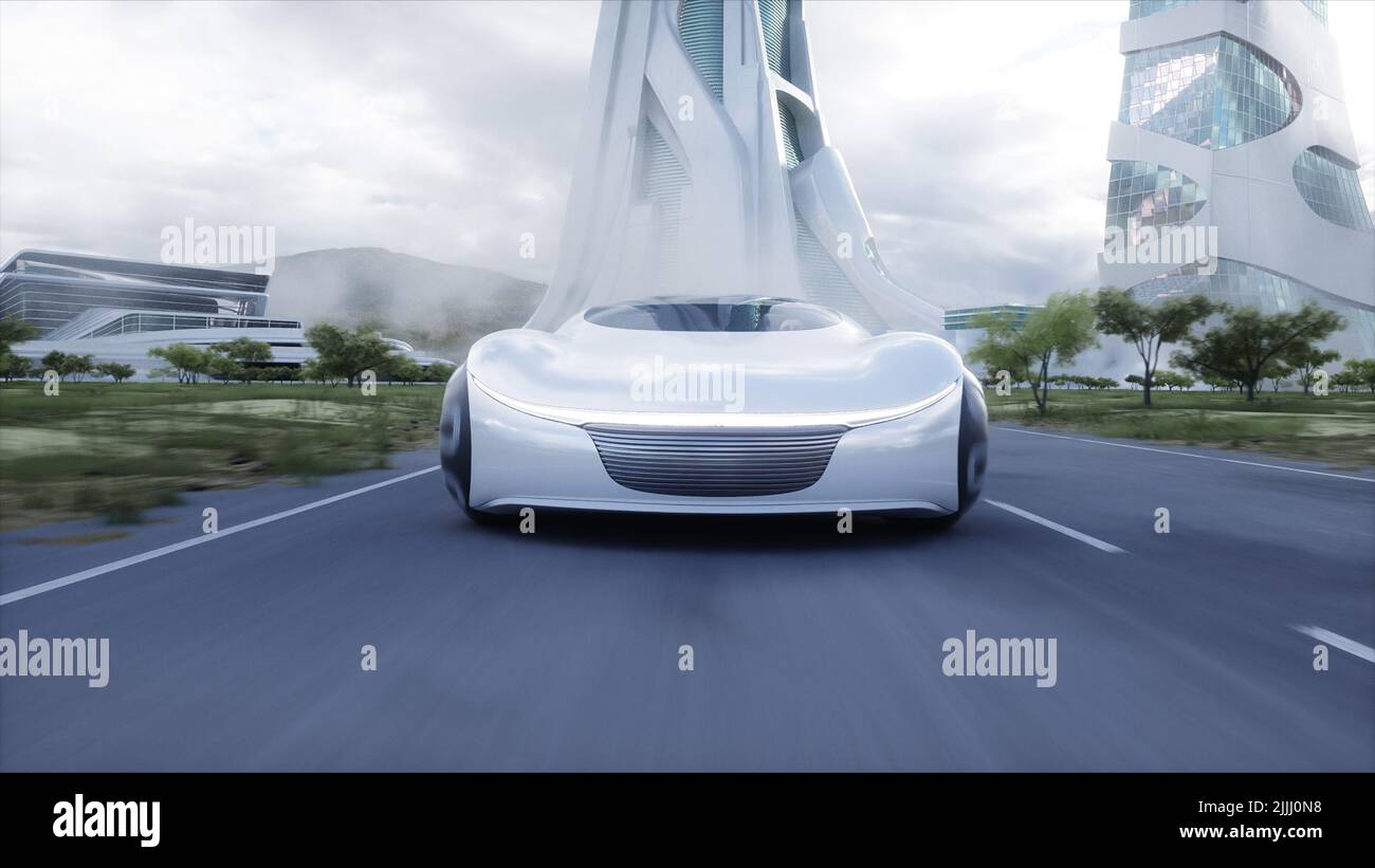 Futuristic electric car very fast driving on highway. Futuristic city ...
