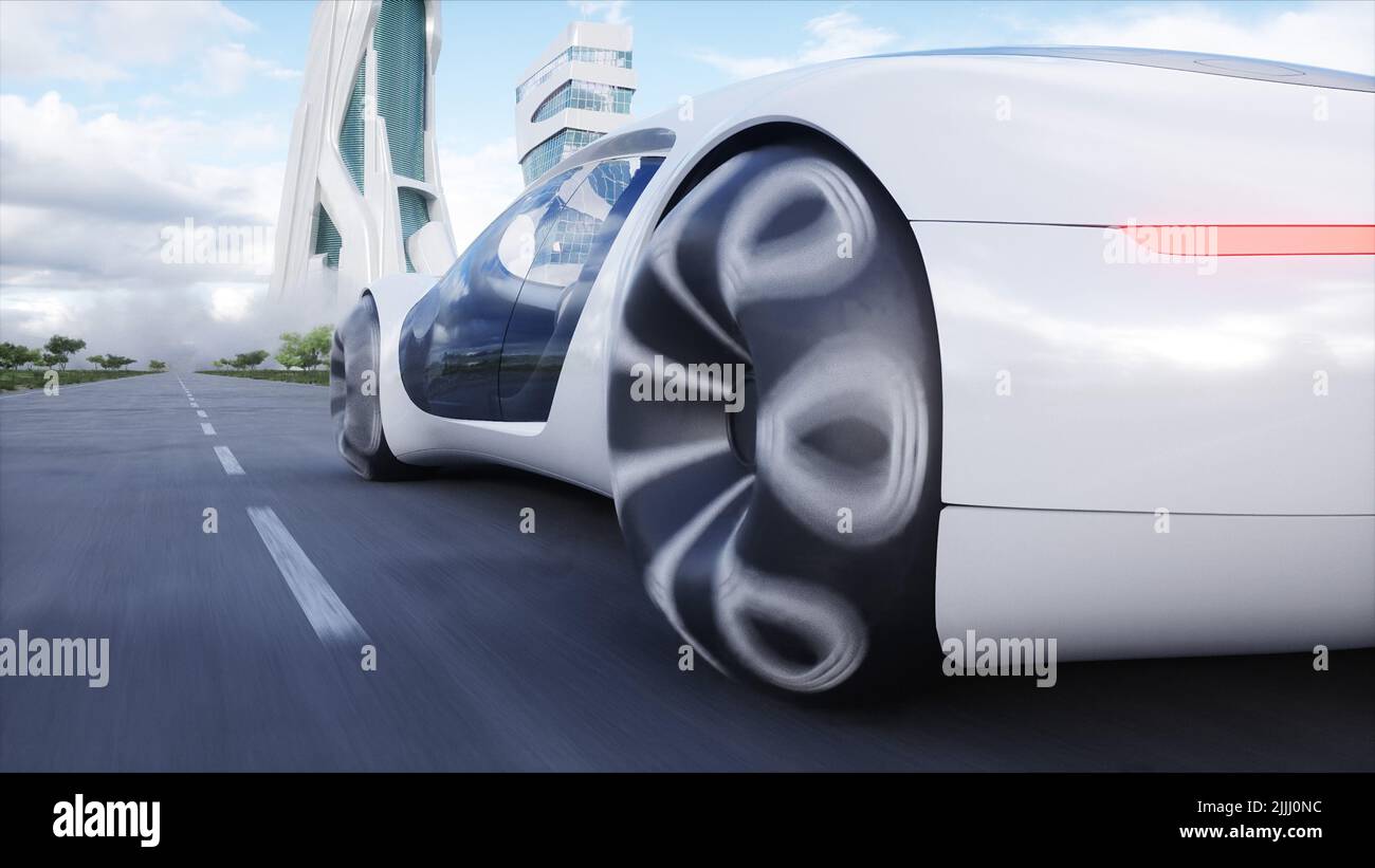 Futuristic electric car very fast driving on highway. Futuristic city ...