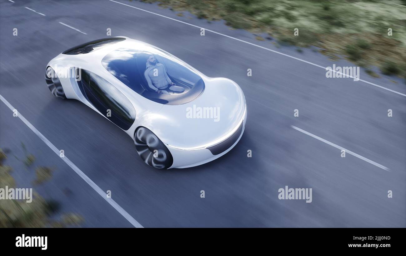 Futuristic electric car very fast driving on highway. Futuristic city ...
