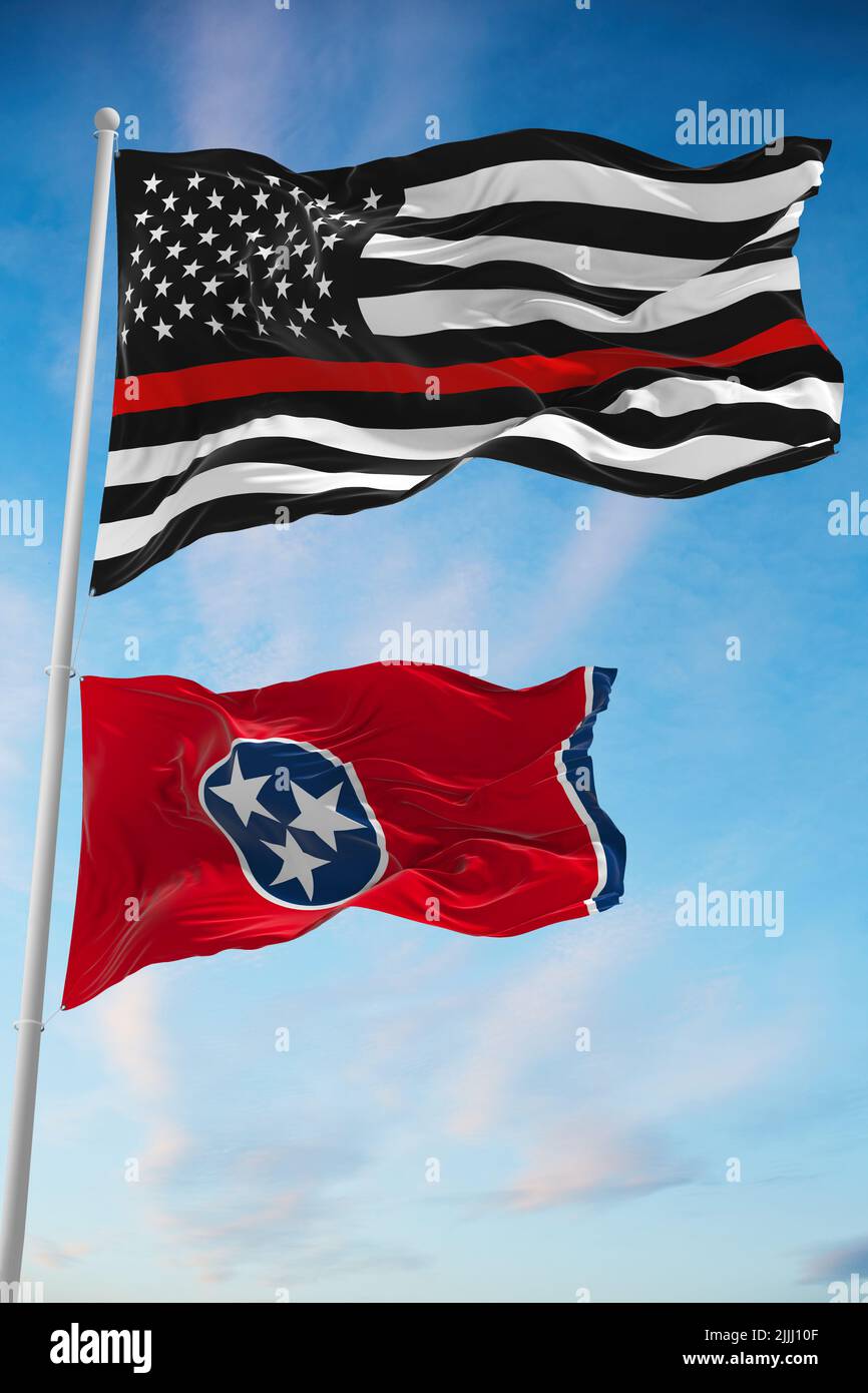 Thin Red Line Black Flag of US with smaller flag of Tennessee state ...