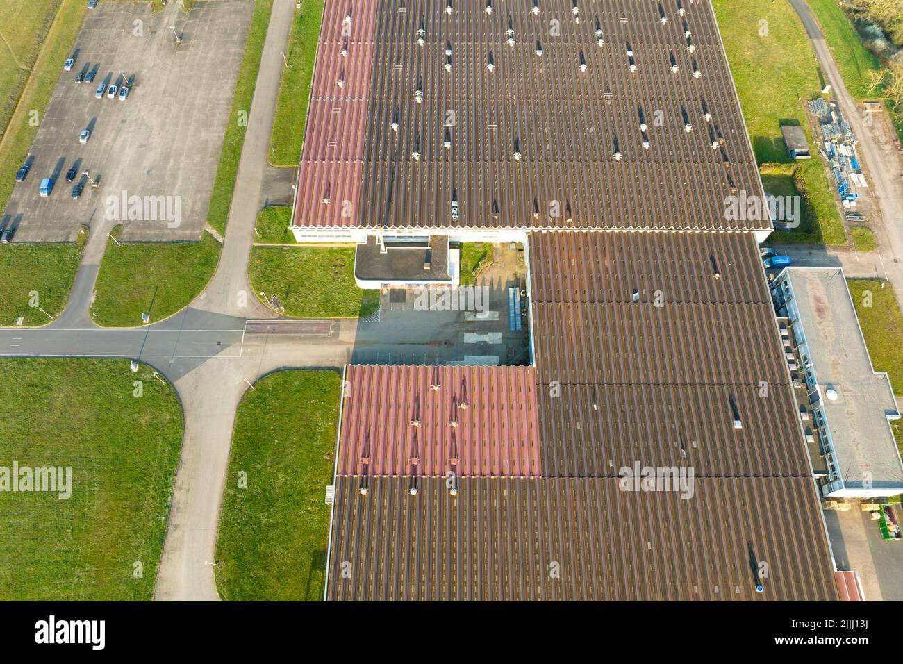 Aerial view of new factory building for producing and shipping of ...