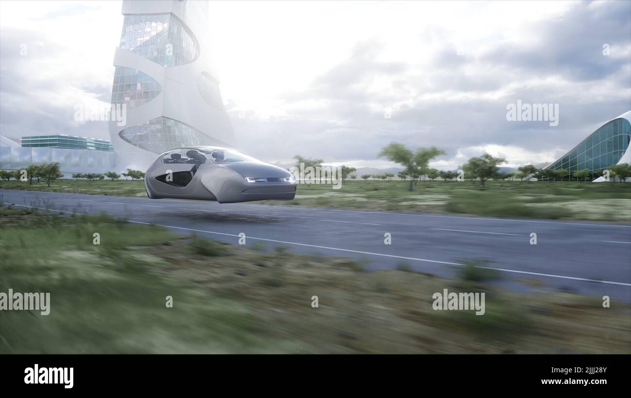Futuristicflying car very fast driving on highway. Futuristic city ...