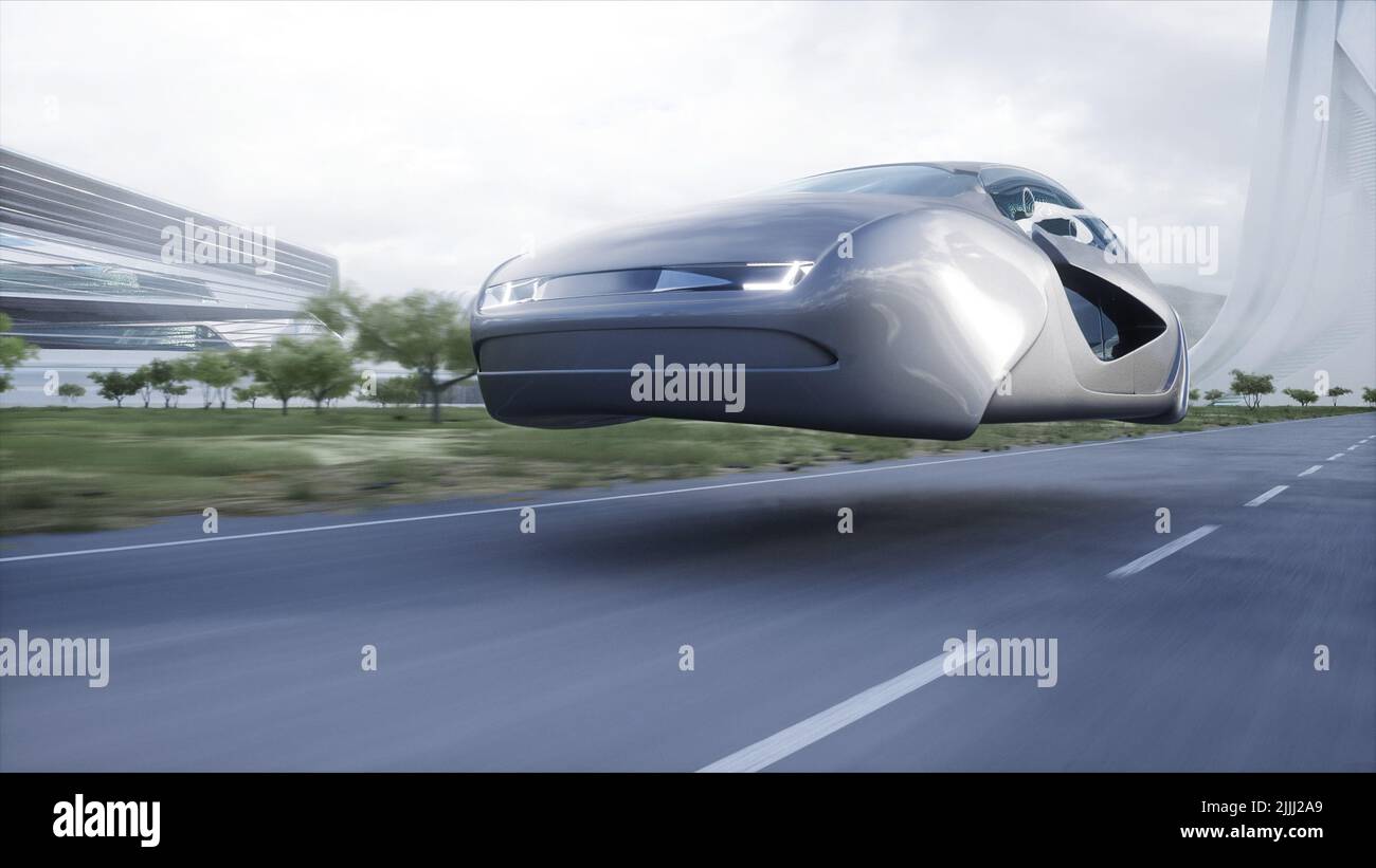 Futuristicflying car very fast driving on highway. Futuristic city ...