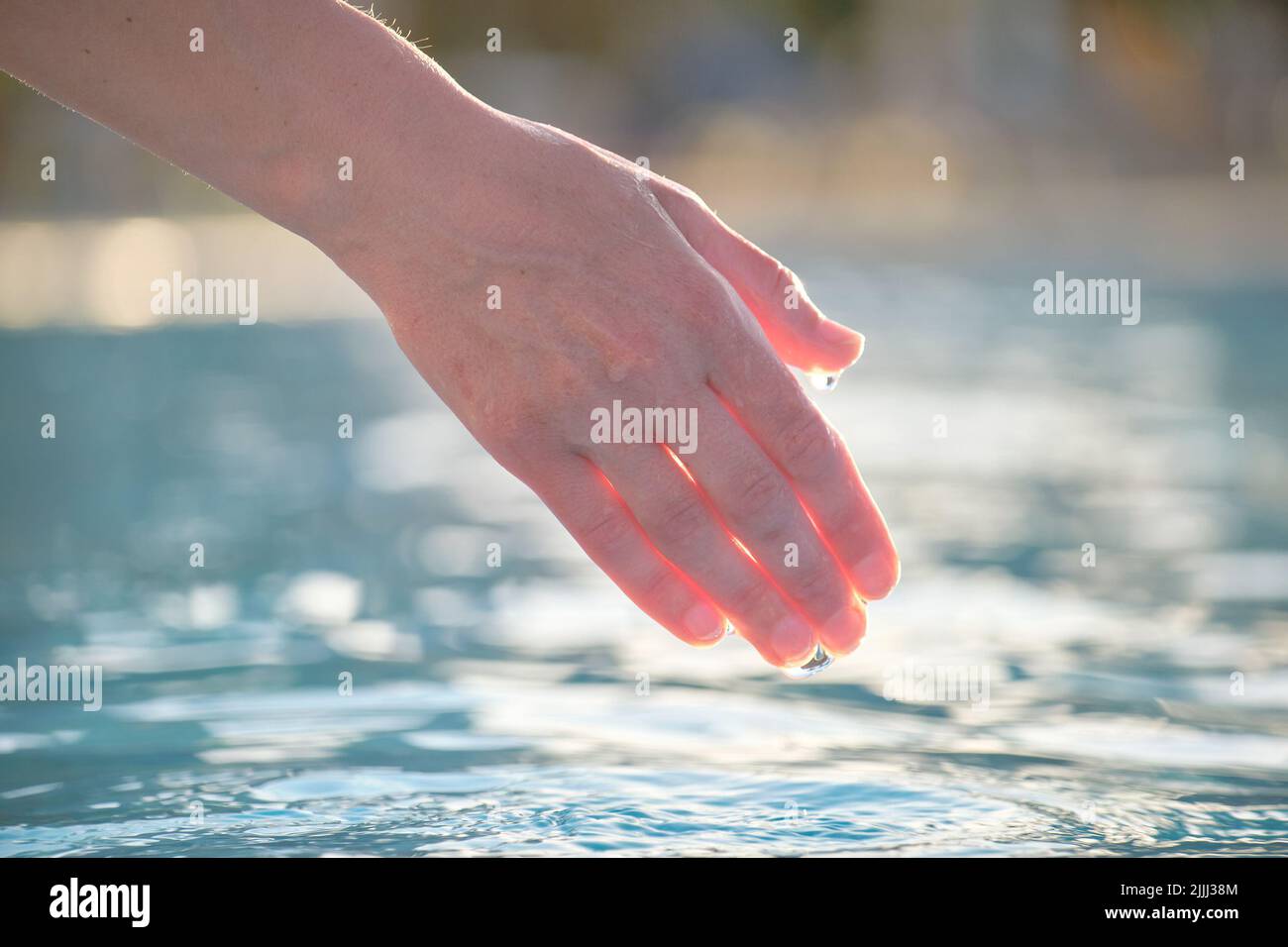 Female hand touching water of swimming pool in summer Stock Photo - Alamy