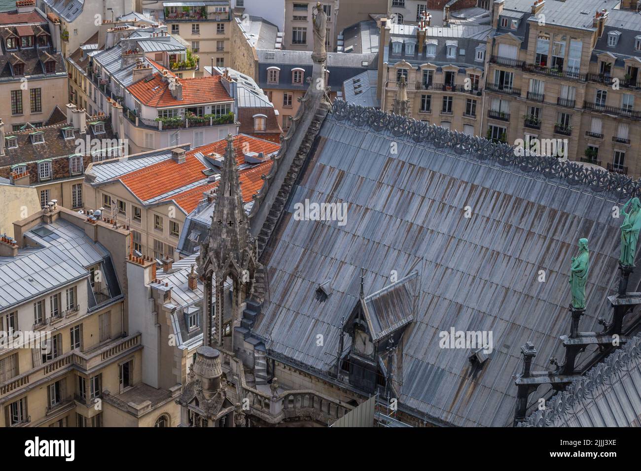 Notre Dame Cathedral of Paris spire from above with statues, France ...