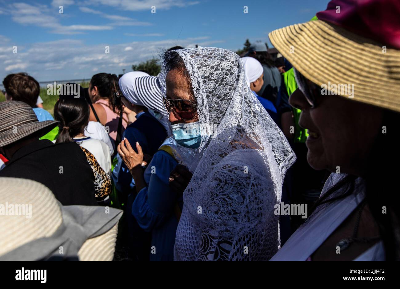 Lac Ste. Anne, Canada, July 26, 2022. People gather to watch Pope ...