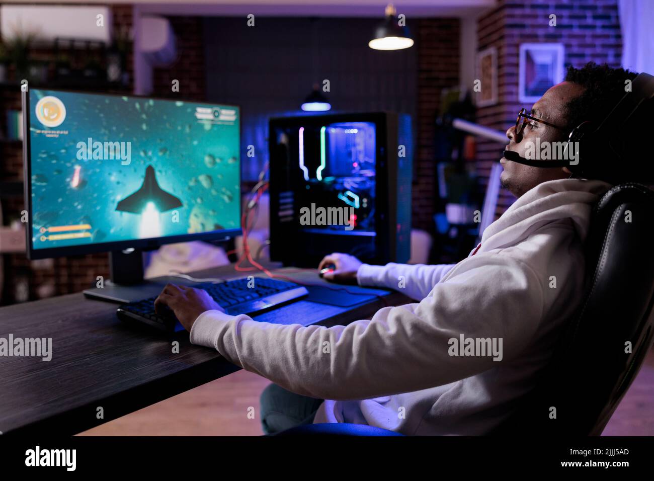 Modern player live streaming shooter video games on computer ...