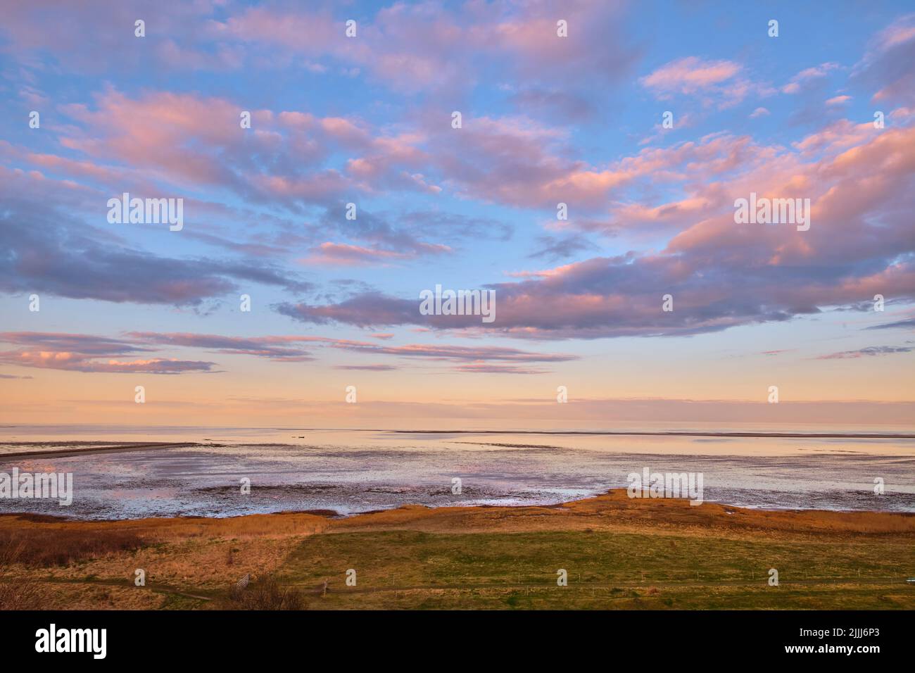 Copy space, beach and sea view at sunset with calm, serene and peaceful ...