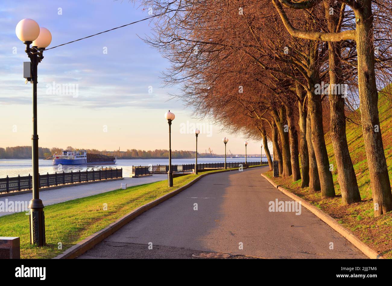 Volga River embankment in the morning. A road along the river bank with ...